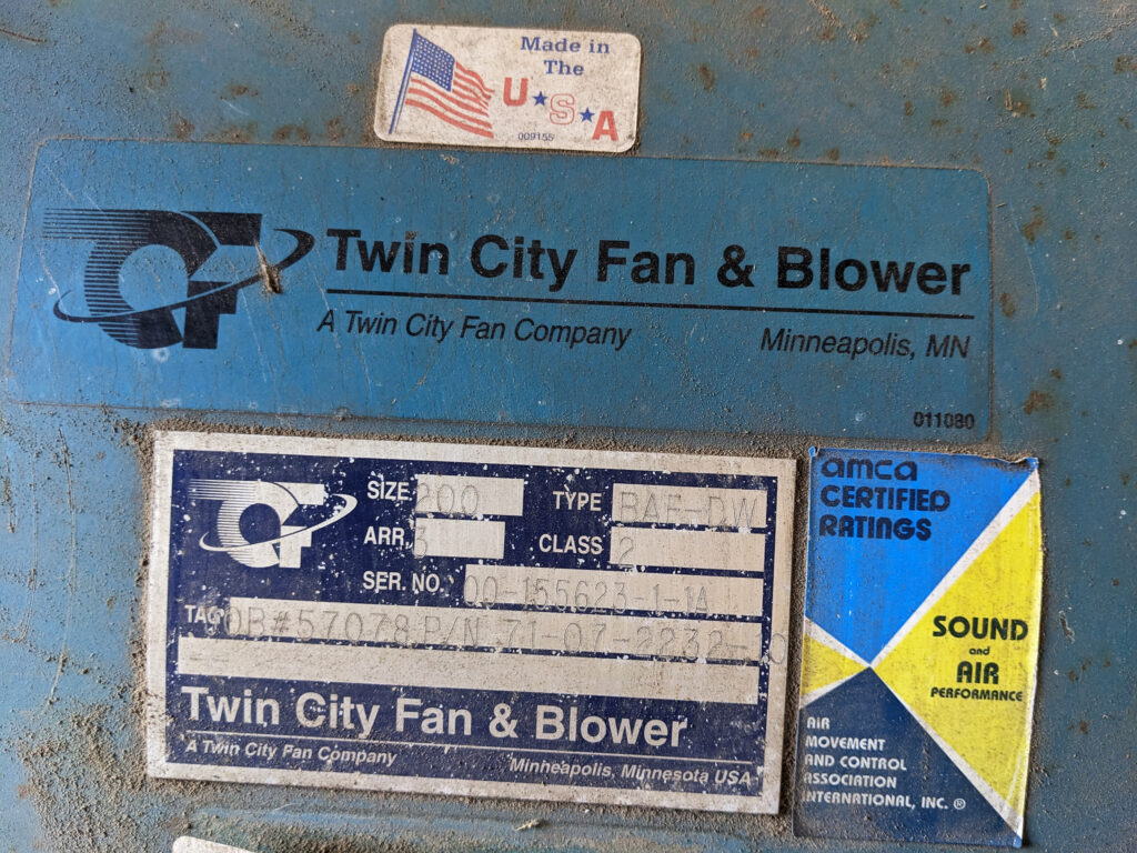 Twin City Fan & Blower – BAF-DW Centrifugal Fan For Sale - SilosForSale.com